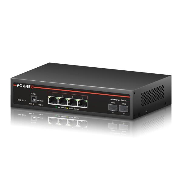 FOXNEO 10G スイッチングハブ 6ポート 4×10G RJ45+2×10G SFP+ 全ポート10Gbps対応 10G/10GbE LANハブ アンマネージド Jumbo Frame対応 低遅延 高速通信 NAS・サーバー・光回線・...