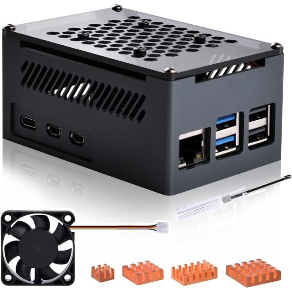 GeeekPi アルミニウムケース for Raspberry Pi 5、パッシブ冷却機能付き、40mm PWM ファン・銅ヒートシンク4個・公式アクティブクーラー対応商品コード：49081322844型番：ZP-0164カラー：ブラック【...