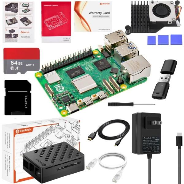 RasTech Raspberry Pi5 8GB Kit 技適済み raspberry pi5 kit ラズベリーパイ5 8GBボード/アクティブクーラー/PD電源アダプター/64GB カード/ABS黒色ケース/MicroHDOUTケーブ...