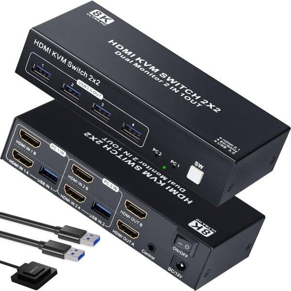 ELEVIEW KVMスイッチ HDMI 2PC モニター2台 デュアルモニター対応 8K60Hz/4K120Hz HDMI2.1 USB3.0 キーボード マウス モニター 共有 手元スイッチ商品コード：49081324622型番：EHD...