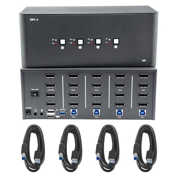 Bytecc KVM スイッチ 4 台のモニター、4 台のコンピューター、4 入力 4出力、8k ディスプレイポート スイッチ、USB 3.0、ジャック付き、4 台のコンピューターでキーボードとマウスのセットを共有、Windows/Mac/...