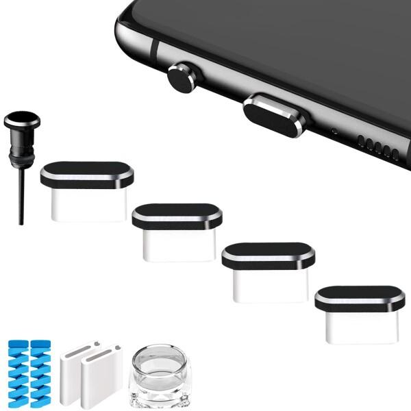 VIWIEU USB C キャップ 携帯 タイプc カバー コネクタ防塵保護 防砂 防水 ジャック 充電穴端子保護プラグ、アルミニウムとシリコン製 2個のケーブルプロテクター付き スマホ/タブレット対応 (4個 黒) ワイヤレス充電に対応 ...