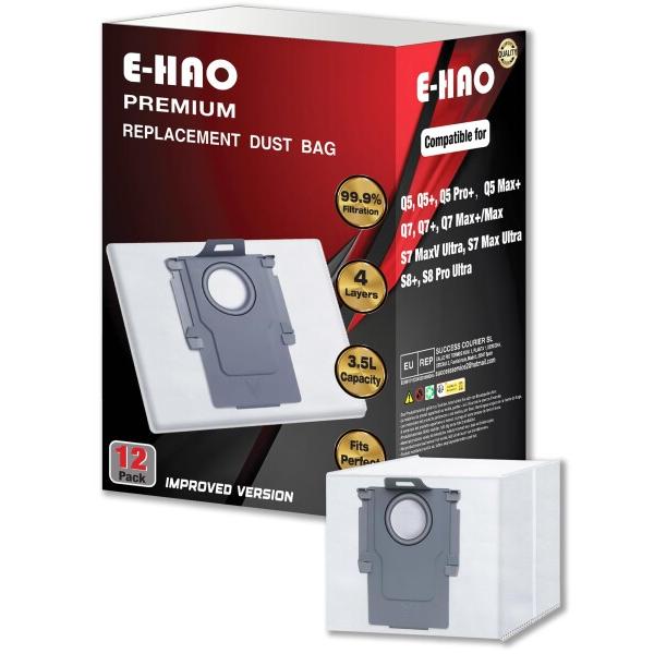 E-HAO 12パック 使い捨て真空ダストバッグ交換用 Roborock S8 Pro Ultra、S8+、S7 Max/MaxV Ultra、Q8/Q7/Q5 Max+、Q5 Pro+、Q7+、Q5+用商品コード：49081351188型...