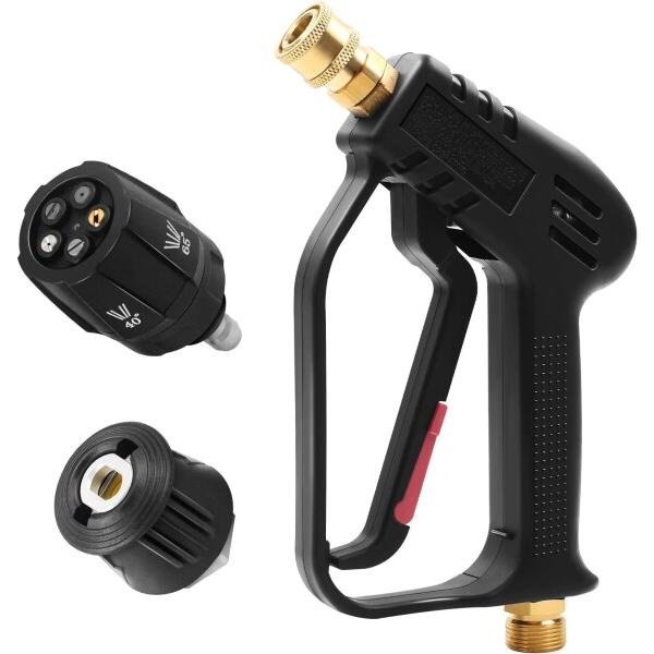 XtraHorn ショートガン ケルヒャー用 スイベル 高圧洗浄ショートガン M22 14mm クイックコネクトアダプター + ５段階マルチスプレー ノズル付属 4000 PSI（約28 MPa） 0〜65度調整可能ノズル ケルヒャー Kシ...