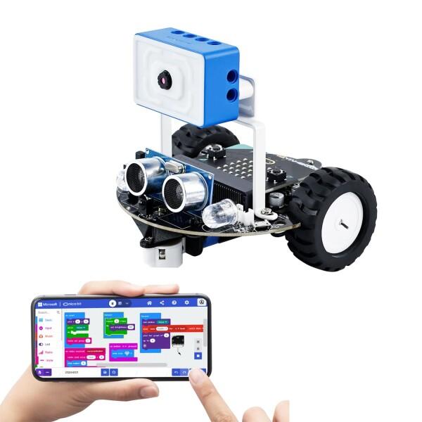 Yahboom Micro:bit V2 ロボットカー リモコンコントロール、ESP32カメラモジュール、ライントラッキング、超音波センサー、トラッキングセンサー、赤外線レシーバー、サーチライト搭載。STEM教育向けプログラミングロボットカ...