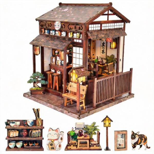 Pixie Curio ブックヌック キット 3D 木製パズル 桜落木茶亭 ドールハウス キット ミニチュア  招き猫フィギュア付き LEDライト DIY 本棚飾り ジオラマ インテリア 大人向け プレゼント (桜落木茶亭)商品コード：49...