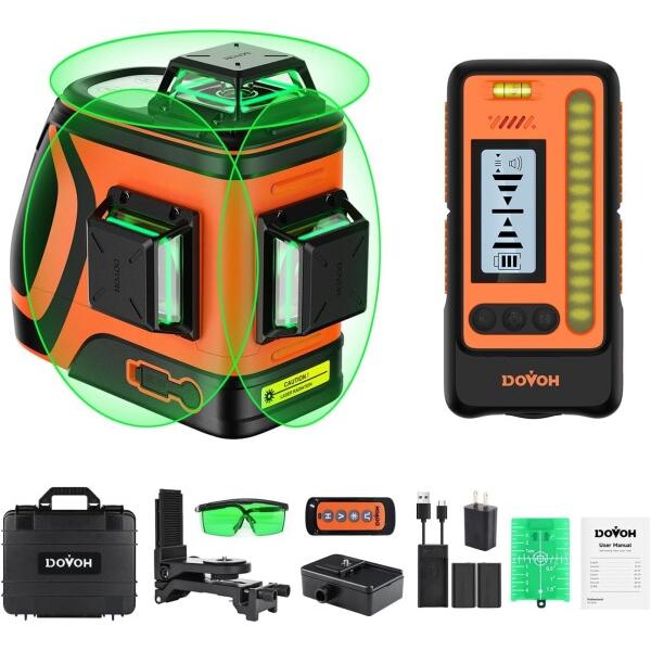 DOVOH 高輝度 レーザー墨出し器 受光器付き 昼光高視認性レーザー水平器 360 自動整準 最大 400 フィート/120M 長距離 110mw 高出力 グリーン レーザーレシーバー付き 屋外用 H3-360G-KIT商品コード：490...