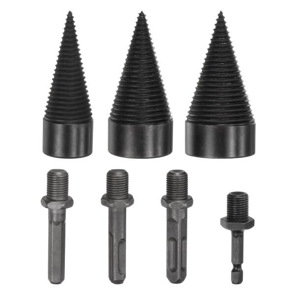M METERXITY 3パックのウッドスプリッタードリルビット32mm 42mm 45mm 4つのハンドル（スクエア ラウンド ヘックスシャンク 小さなヘックス）薪割りドリルビット 家庭/屋外/ストーブ/農場用 (黒 グレー)商品コード：...