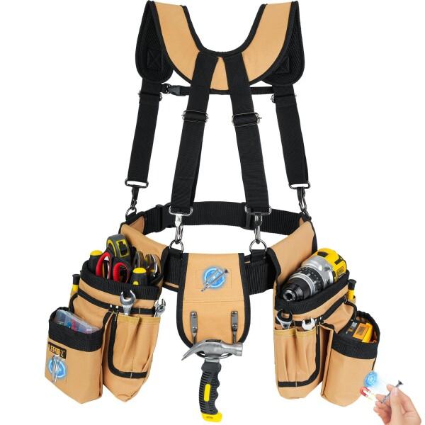 腰袋 ツールベルト サスペンダー付き 腰道具セット 27 ポケット 磁気パッド付き 着脱式 調節可能 高耐久 作業用 電気技師 大工 建設 DIY (ブラック + ブラウン)商品コード：49081399670型番：Nero-Marroneサ...