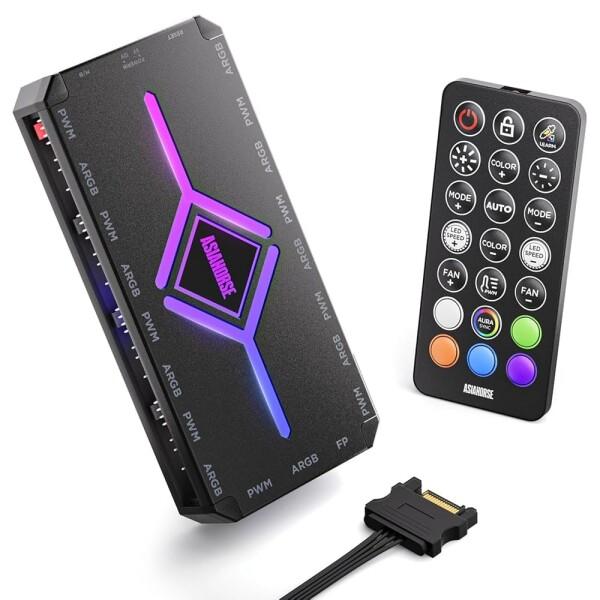 AsiaHorse ASH-S1 ARGBファンハブコントローラー - 9ポート PWM &amp; 5V アドレス指定可能 ARGBハブ リモコン付き 20種類のプリセットエフェクト &amp; カラーラーニングモード対応 Aura Sy...