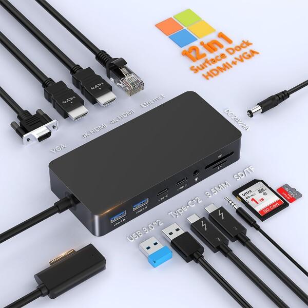 マイクロソフト Surface ドック2、12-in-1 Microsoft ドッキングステーション (4K HDMI*2+VGA)、72W電源付きSurface Pro 11/10/9/8/X/7/6/5/4/3,Surface Lapt...