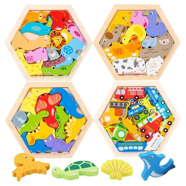 木製パズル 型はめパズル 形合わせ 4種類シリーズ 2 3 4 5 6歳 立体 積み木幼児用 モンテッソーリ はめ込み ブロック かたはめ 脳トレ 指先あそび 図形認識 英語認知 動物恐竜 果物 車 教育おもちゃ プレゼント 誕生日プレゼン...