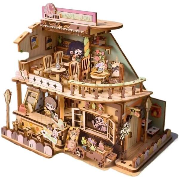 AIJUYE 木製立体パズル 3D スイーツハウス 花言葉の甘い店舗 大人向け 工作キット ドールハウス風 インテリア置物 組み立てキット 300ピース 16.4×12.4×14.5cm ストレス解消 誕生日 クリスマス ギフト イースター...