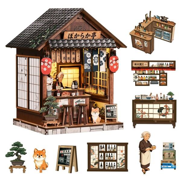 Pixie Curio DIY ドールハウス キット ミニチュアハウス ブックヌックキット 和風 ほからか亭 居酒屋 LED ライト付き カラー説明書あり 初心者・大人向け プレゼント・本棚インテリア（和風ミニ居酒屋）商品コード：49081...