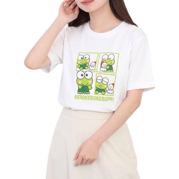 大人気キャラクターのけろけろけろっぴのプリント半袖Ｔシャツです【A：３連柄】【B：四角柄】の２デザインがありますキャラクターのかわいさはそのままに シンプルで落ち着いた印象のプリントは大人もさりげなく着こなせます友人や家族にプレゼントもおす...
