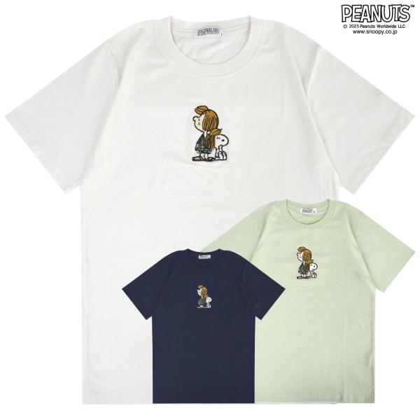 大人気キャラクタースヌーピーとペパーミントパティの刺繍半袖Tシャツです可愛いスヌーピーとペパーミントパティが可愛く刺繍デザインされていますカラーはホワイト ソフトグリーン ネイビーの3色展開でサイズはS M Lの3サイズ展開になっています【...