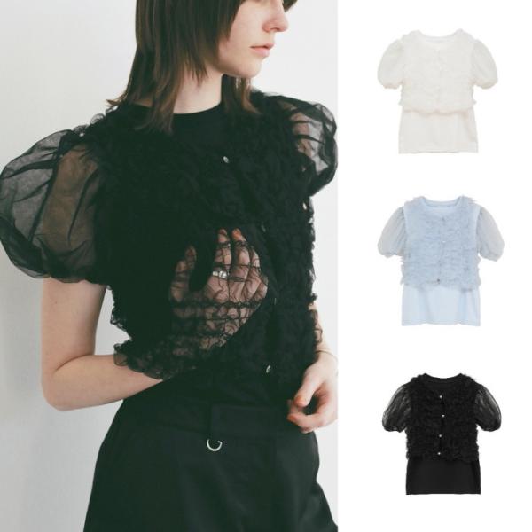 即日発送 CLANE 正規商品 トップス クラネ  チュール ベスト レイヤード トップス TULLE VEST LAYERED TOPS ホワイト/ブルー/ブラック 3色展開素材Tシャツ 身頃 綿100%袖 ナイロン100%ベストナイロン...