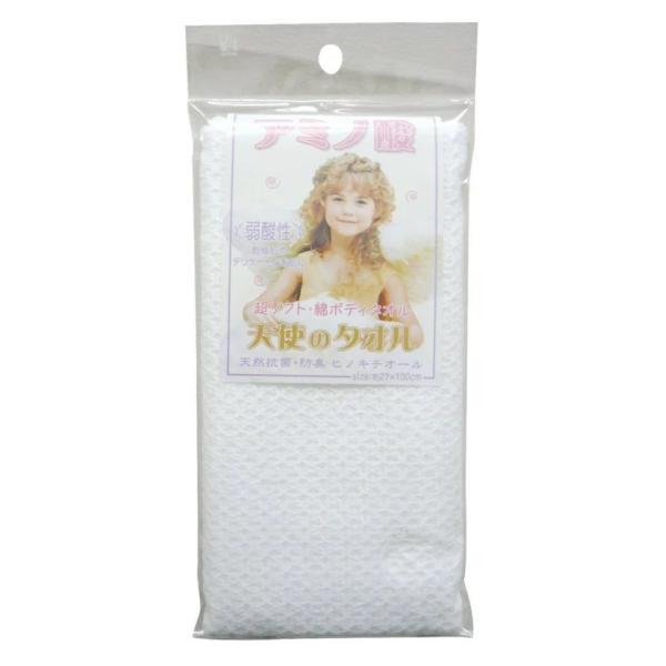【品質表示】素材：アミノ酸成分　綿100%刺激度：★☆☆☆☆超ソフト泡立ち度：★★★☆☆ふつうサイズ：約27×100cm生産国：日本製【使用方法】最初に、洗面器に少量のお湯(100〜150L)を入れておきます。ボディタオルに石鹸または液体せ...