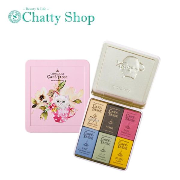 ミニタブレットアソート　ネコ缶18Pカフェタッセ（Cafe-Tasse）はフランス語でコーヒーカップを意味します。コーヒーに合うチョコレートです。6種類のミニタブレットチョコレートをネコが描かれたエンボス缶に詰め合わせました。●カカオ77％...