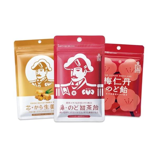 レッドイエロー/《鼻・のど甜茶飴》38g×1袋 《梅仁丹のど飴》60g×1袋 《芯・から生姜飴》48g×1袋/-・パッケージ個数:3・内容量：《鼻・のど甜茶飴》38g×1袋 《梅仁丹のど飴》60g×1袋 《芯・から生姜飴》48g×1袋・原材...