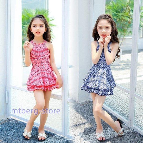 【素材】：ポリエステル/ポリウレタン【カラー】：ネイビー/レッド【仕様】：ワンピース型（ノーワイヤー、ブラパッド内蔵）【サイズ】：（約）　*参考身長：88-98CM(M) 98-108CM(L) 108-118CM(XL) 118-128C...