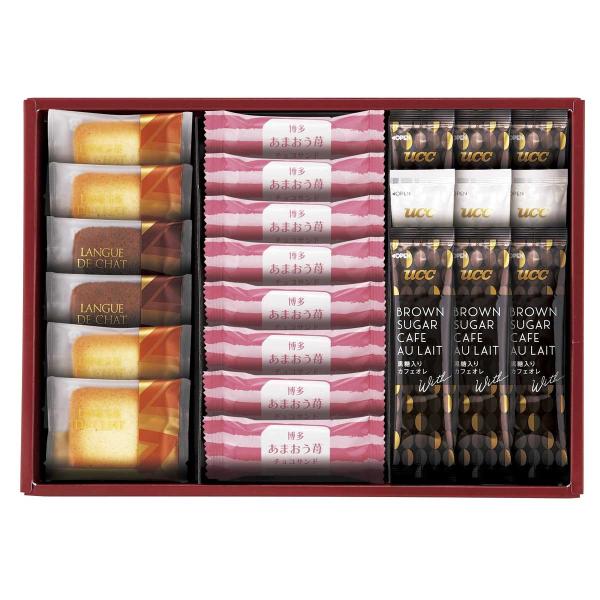 内容：博多あまおう苺チョコサンド×8・ラングドシャ（プレーン×4枚・チョコ×2枚）・UCCスティック コーヒー （黒糖入りカフェオレ×6・ミルクリッチカフェオレ×3）  【卵・乳成分・小麦】生産国：日本ティータイムにぴったり♪ちょうど良い食...