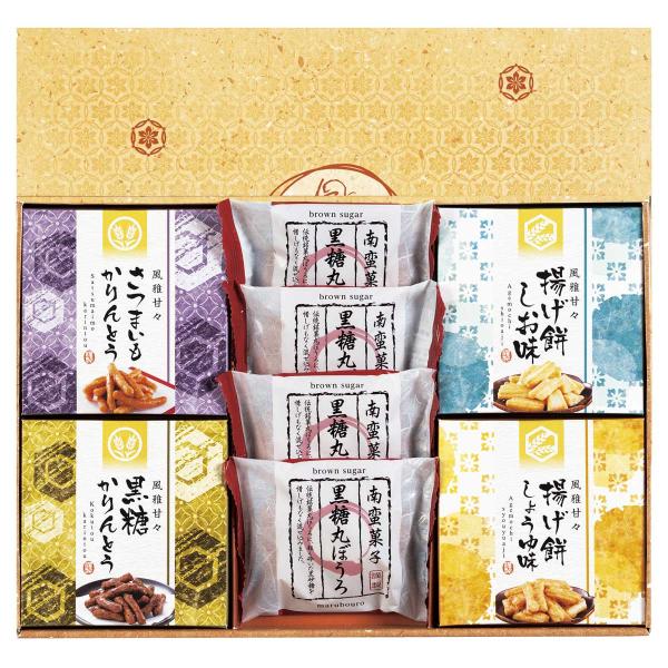 内容：黒糖丸ぼうろ×4・揚げ餅（しお味・しょうゆ味）各20g・かりんとう（さつまいも・黒糖）各30g  【卵・小麦】生産国：日本銘菓丸ぼうろに、粗く砕いた黒砂糖を練り込んだ黒糖丸ぼうろと国産玄米から作られた米油100%で揚げたかりんとう、国...