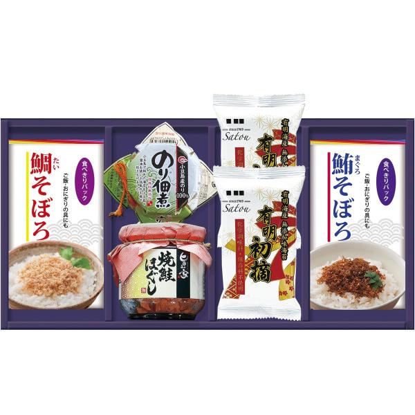 商品内容：焼鮭ほぐし60g・のり佃煮80g・（鯛そぼろ・鮪そぼろ）7g×各2袋・有明産初摘み味のり（8切4枚）×2  【小麦・えび・かに】賞味期間（製造日から）：360日間生産国：日本箱サイズ：箱150×300×80mm香典返し 志 粗供養...