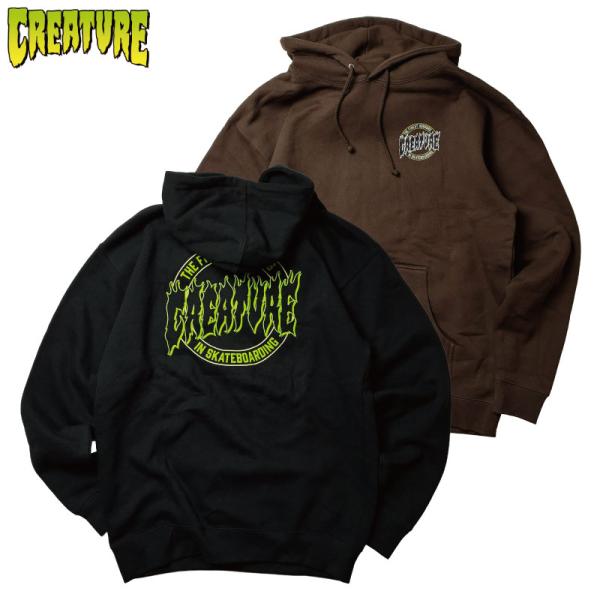 CREATURE（クリーチャー）のプルオーバーパーカー中厚の裏起毛スウェットボディ。■商品名FINEST FLAME P/O HOODED■色ブラックブラウン■素材コットン80%・ポリエステル20%サイズ：【肩幅・身幅・着丈・袖丈】M ：【...
