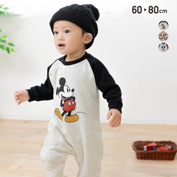 クラシカルな「ミッキーマウス」デザインの裏毛カバーオール★スタンディングデザインと総柄、どちらの「ミッキー」もかわいい！トレーナーやパーカーとリンクコーデもできちゃいます♪前開きでお着替えもラクチンです◎■サイズ：60 70 80cm■素材...