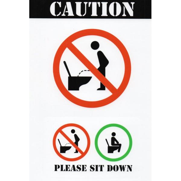 PLEASE SIT DOWN ！男性にも座ってトイレを使用してもらうことを促すステッカーです。最近海外でもそのような風潮になってきているようです。自分は座って使用していてもお客様になかなか座ってしてくださいとは言いにくものですよね。もちろ...