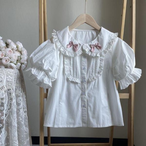 【商品内容】ロリータブラウス【素材】ポリエステル【カラー】ホワイト【サイズ参考(cm】S-----------着丈54/バスト88/肩幅36M----------着丈56/バスト92/肩幅37L-----------着丈58/バスト96/肩...