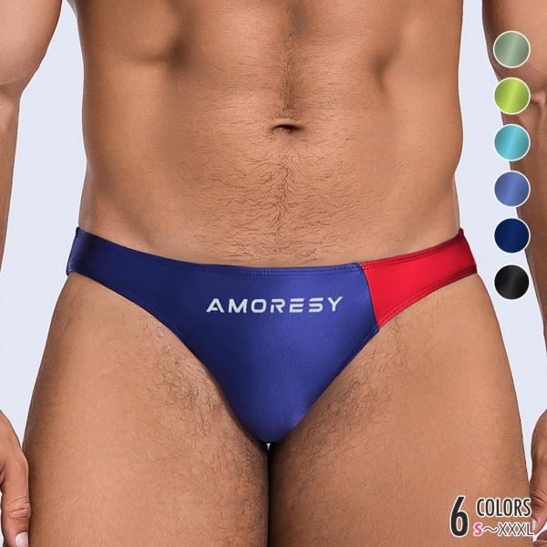 【ChouChouストア特注・Sサイズ入荷】＼New配色♪極薄ビキニ／AMORESYの魅力を実感できるバイカラーの極薄メンズビキニです。エッジを効かせたビビッドなアクセントカラーがスポーティな雰囲気を漂わせ、浅めの脇幅デザインが色っぽさを強...
