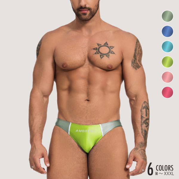 ＼バイカラー メンズビキニ／AMORESYの競パンとインナーを融合させた「新感覚」のビキニパンツです。アイコニックな艶色ナイロン素材を採用し、股布を無くした作りが特徴的です。フロントのVラインとヒップサイドは、選り抜きのカラーを描き合わせた...