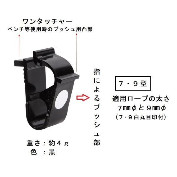 ■ワンタッチャー（留め具）：　ロープへの旗の取付がワンタッチで行える。耐候合成樹脂製で熱変形や変色がない。これは適用ロープの太さが7mm・9mm用　白○シールが目印（と６mm・８mm用との２種類ある）。ロープに取付ける部分と旗に取付ける部分...