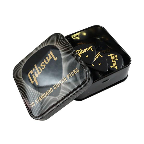 ギターピック 50枚 セット ギブソン ヘビー APRGG50-74H 50 Pack Picks Heavy Gibson。クラシカルな351シェイプのセルロイド製ピックです。小物入れとしても使えるギブソンのロゴ入りの缶ケースにピックが5...