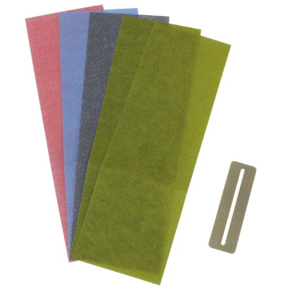 Rosette Fret Polishing Kit フレットボードプロテクター3M社の4種の粒度 （400-600-1200-4000） のやすりと、ステンレス製のフレットボードプロテクターのセット。安全にギターフレットを整え、綺麗に磨く...