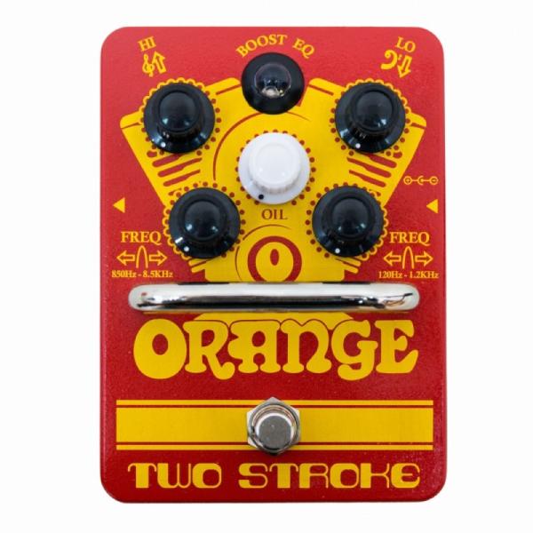 ORANGE Two Stroke エフェクター。イコライザー付のクリーンブーストペダル。+12dBまでのブーストが可能で、高域と低域それぞれ周波数を設定してブースト/カットすることも可能。