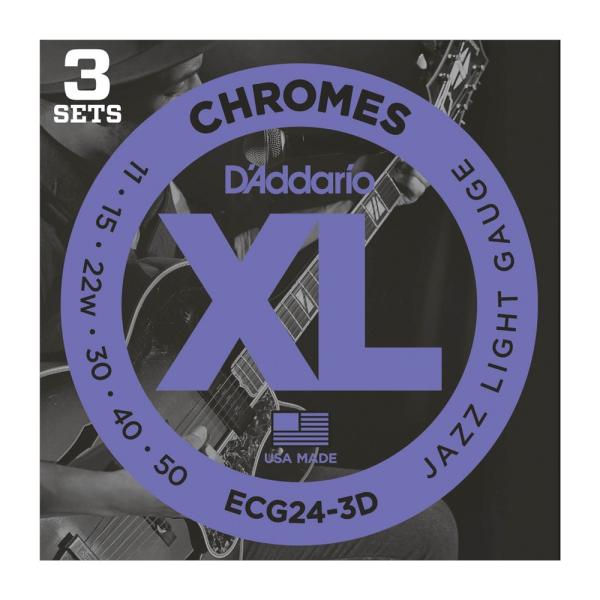 D'Addario ECG24-3D フラットワウンド エレキギター弦 3セットパックXL Chromes Flat Woundヘックスコア(6角芯線)の周りに、下地となるベースの巻弦を施し、その上にフラットなリボン形状の巻弦を巻きつけた特...