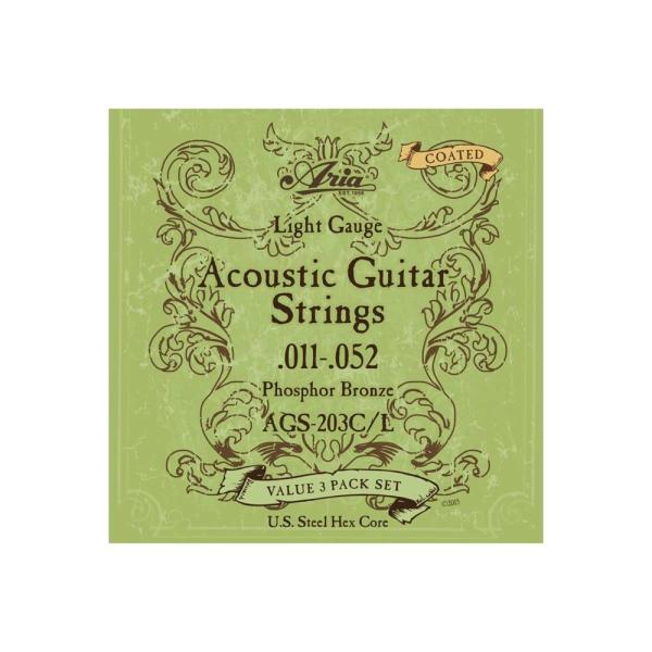 ARIA AGS-203C/L アコースティックギター弦 3セットパック-Coated, Light, 3sets- Acoustic Guitar芯線には上質な6角芯を採用したコーティングストリングス。極薄いテフロンで弦をコーティングする...