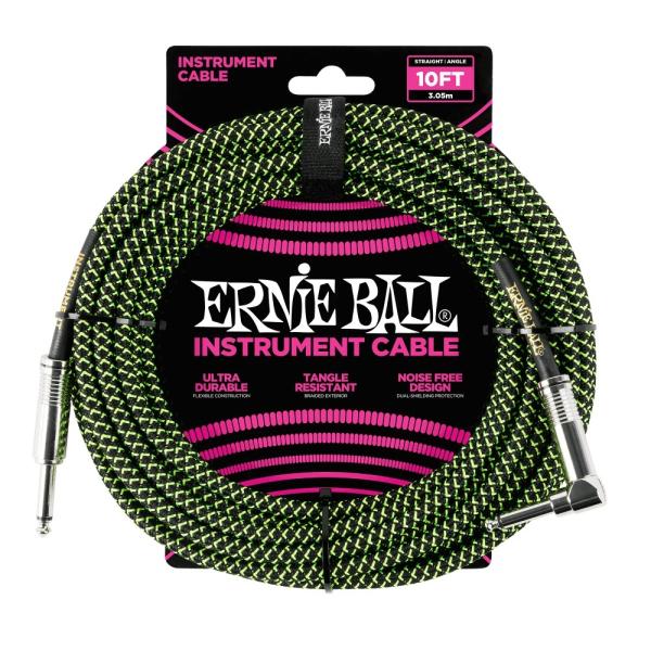 ギターシールド 3.05m アーニーボール ERNIE BALL 6077 10' Braided Straight Angle Instrument Cable Black Green ギターケーブル。耐久性と低ノイズを実現するデュアルシ...