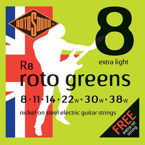 ロトサウンド ギター弦 1セット R8 ROTO GREENS 8-38 エレキギター弦 ROTOSOUND R8は、エレクトリック・ギター弦のベストセラーです。シルキーなニッケル・メッキの巻弦とパワフルなスティール・コアの組み合わせにより...