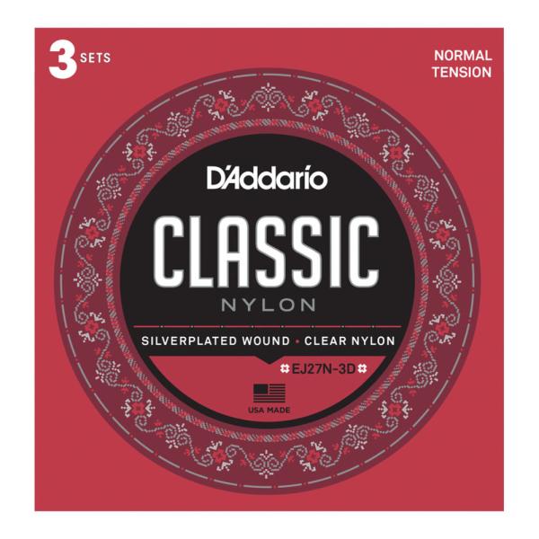 D'Addario ダダリオ EJ27N-3D Silver Wound/Clear Nylon - Student - Normal クラシックギター弦  3セットが1パッケージに収まったマルチパックです。 1セットずつ密封されているため...