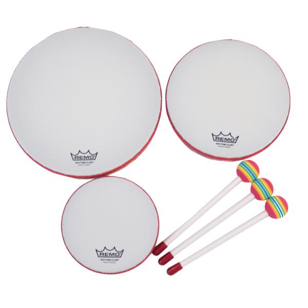 REMO レモ リズムクラブ ハンドドラム 3台セット 6・8・10インチ マレット3本付き RH310000  軽量で鳴らしやすい小型ドラムのサイズ違いをセットに。 付属のマレットや手・指で叩きます。