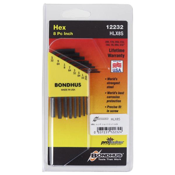 BONDHUS ボンダス HLX8S 12232 Hex End L-Wrenches Short 六角L-レンチ ショート 6角レンチ インチ  ボンダス 六角レンチ L型 ショート インチ  8pc Short 0.050, 1/16,...