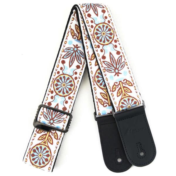 Morris モーリス MS03 ギターストラップ WHITE ホワイト  レトロな刺繍が施されたギター用ストラップ。 アコースティックギターなど、ネック側にストラップピンのないギターにも対応できるよう、ヘッド部分に結びつけるヒモが付属して...