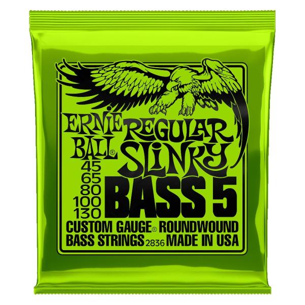 アーニーボール 2836/Regular Slinky BASS5 5弦ベース弦 です。ニッケル・メッキ・スティール・ワイヤーの巻線をスズ・メッキしたヘックス・スティール・コアの芯線にワウンドした、人気の高いニッケル・ワウンドのベース弦です...