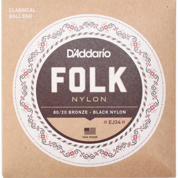 D'Addario FOLK NYLON EJ34 ボールエンド付きクラシックギター弦ボールエンド仕様の高品質ナイロン弦です。クラシックギターだけでなく、スチール弦のアコースティックギターにも使用していただけます。Folk Nylonシリー...