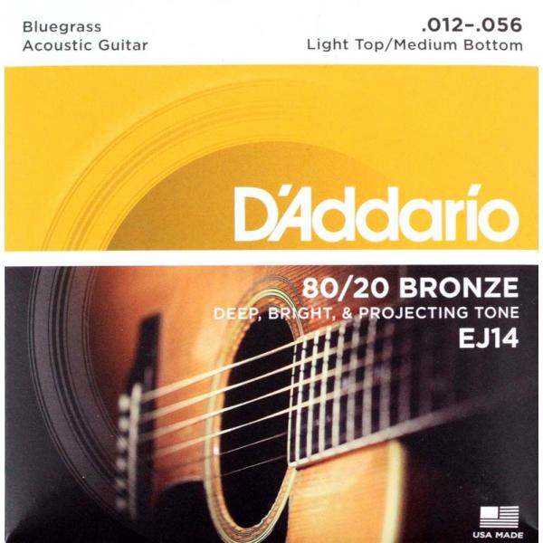 D'Addario（ダダリオ） EJ14 Bronze Bluegrass L.Top/M.Bottom アコースティックギター弦 です。明るく歯切れのよいサウンドによって、多くのプロミュージシャン達にステージやスタジオを問わず使用されてい...