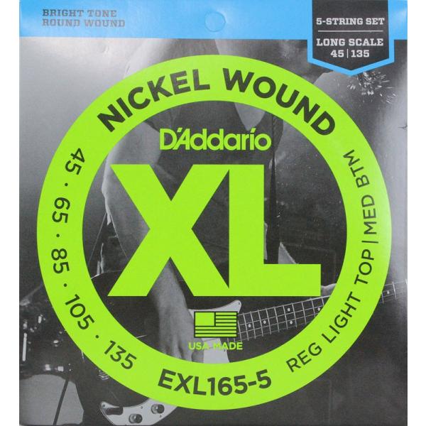 D'Addario EXL165-5 RL.Top/M.Bottom Long Scale 5-strings 5弦用ベース弦世界中のミュージシャンからの圧倒的な支持を誇る、言わずと知れたベース弦のスタンダード。 ブライトでかつ正確なイント...